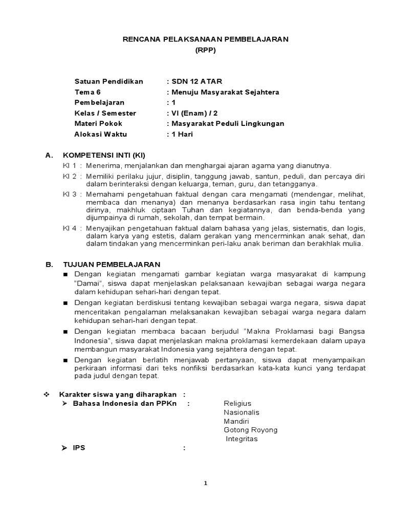RPP Kelas 6 Tema 6 ST 1 | PDF