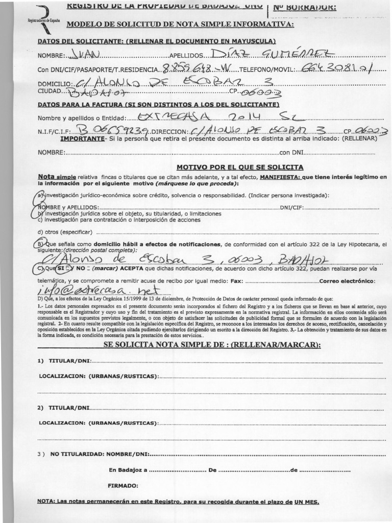 Nota Simple Registro 1 | PDF