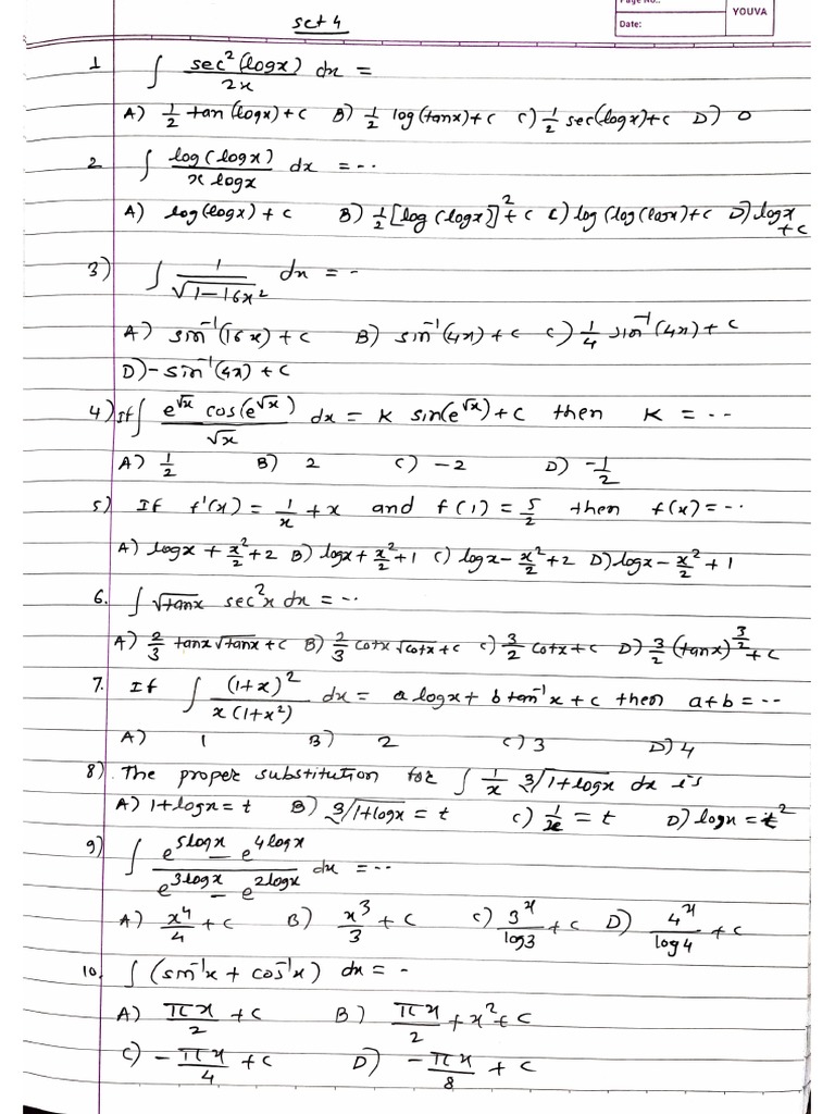 Set 4 MCQ Indefinite Integration | PDF