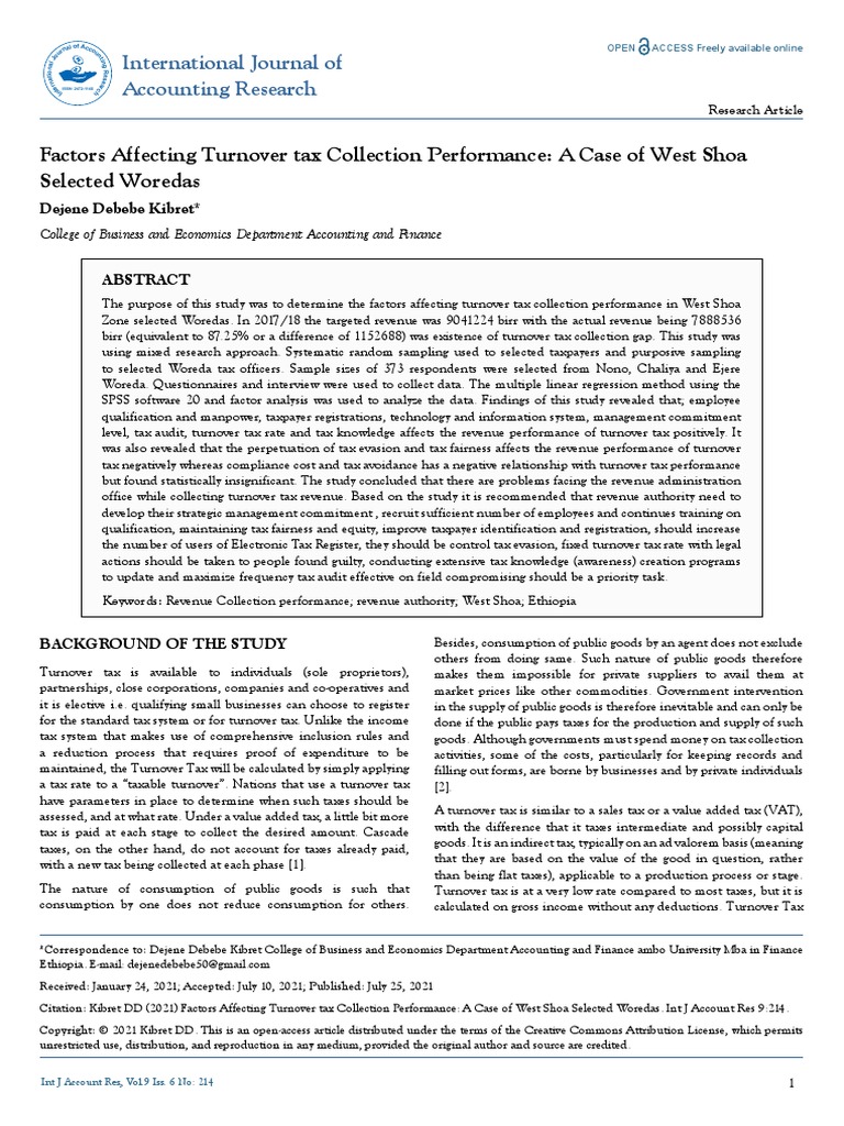 Factors Affecting Turnover Tax Collection Performance A Case of West ...