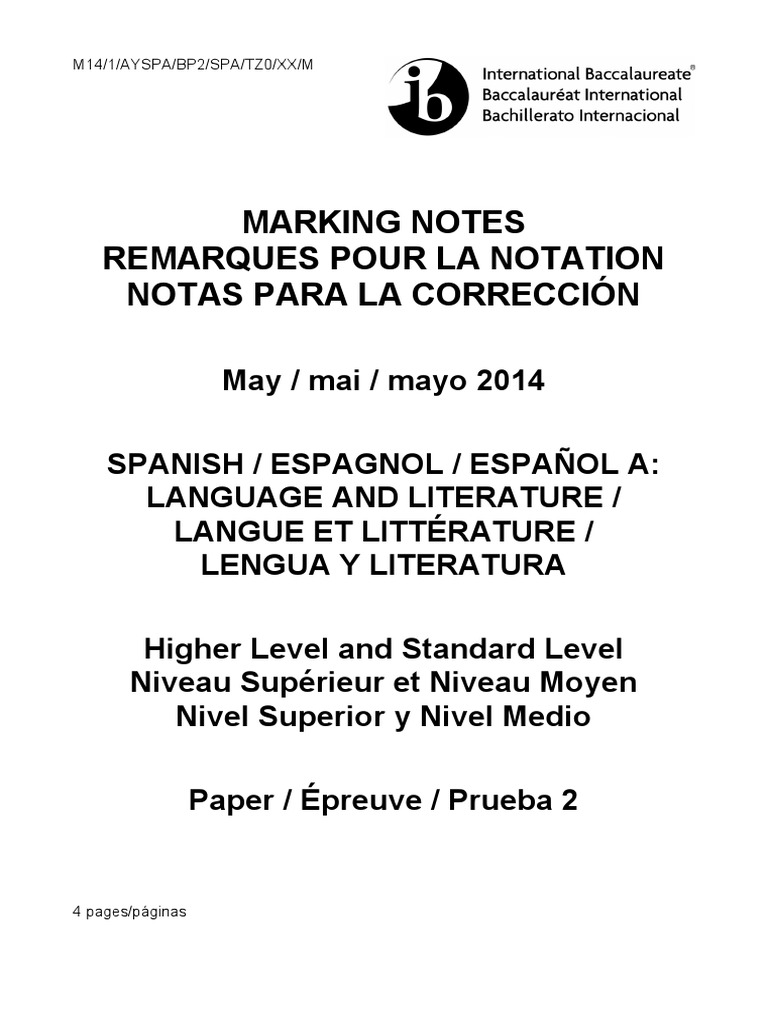 Spanish A Language and Literature Paper 2 HLSL Markscheme | PDF ...