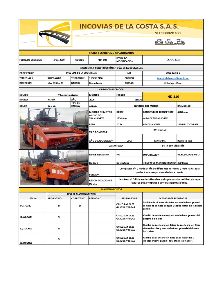 Ficha Tecnica Vibrocompactador Hamm FTM-004 - 220808 - 161700 | PDF | Vehículos | Transporte