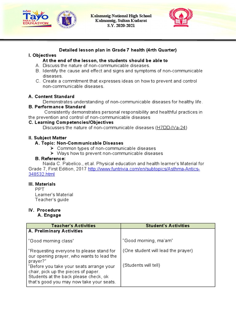 Grade 7 Lesson Plan: Non-Communicable Diseases | PDF | Lesson Plan ...