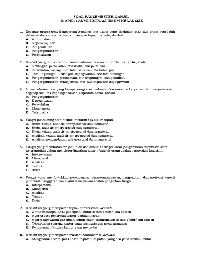 Soal Pas Administrasi Umum Kelas 10 Akl Semester Ganjil | PDF | Karier & Perkembangan