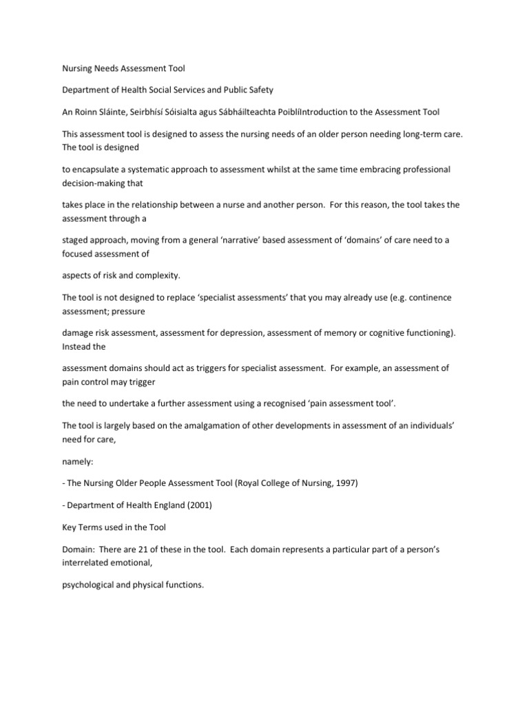 Nursing Needs Assessment Tool | PDF | Nursing | Caregiver