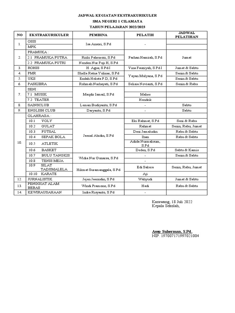 Jadwal Kegiatan Ekstrakurikuler | PDF