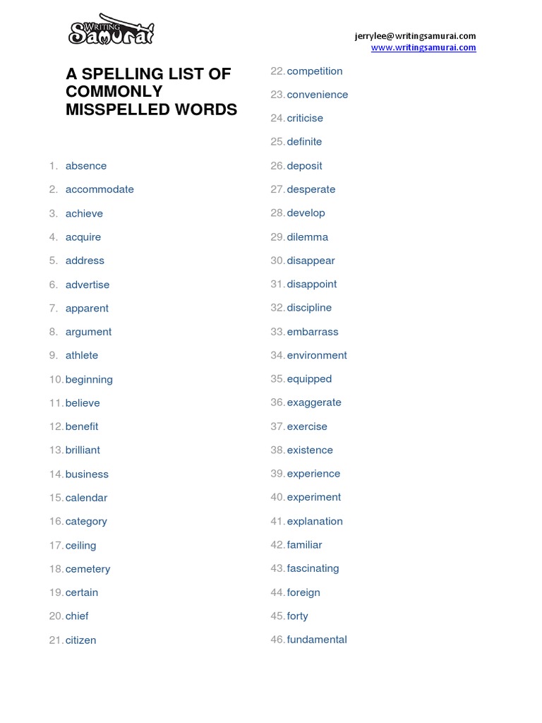 A Spelling List of Commonly Misspelled Words | PDF | Cognitive Science ...