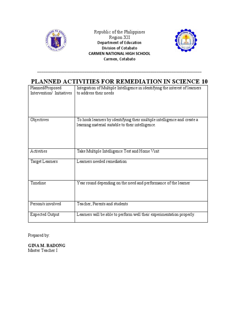 Planned Activities For Remediation in Science 10: Republic of The ...