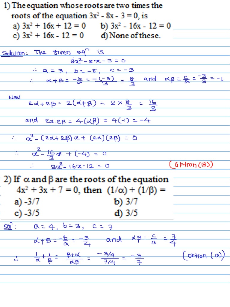 Quadratic Equations Test Solutions | PDF