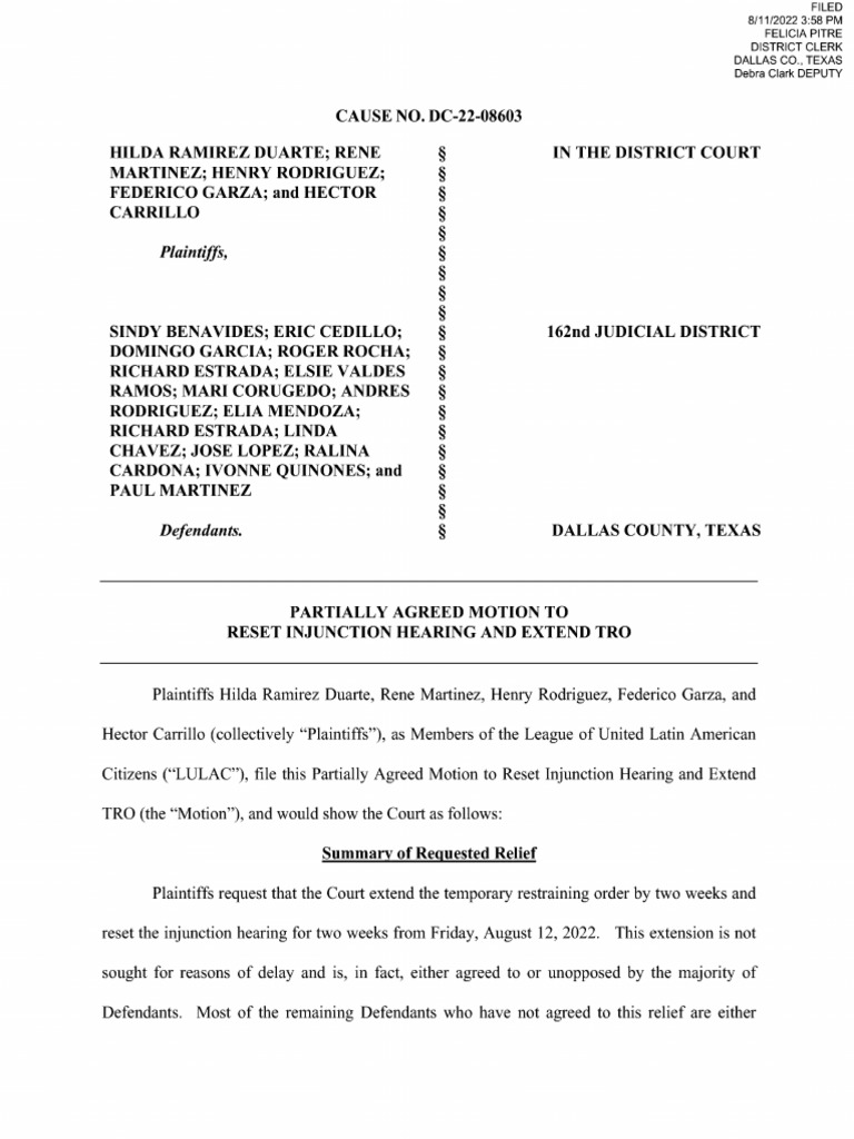 Partially Agreed Motion To Reset Injunction Hearing and Extend TRO | PDF | Injunction | Legal ...