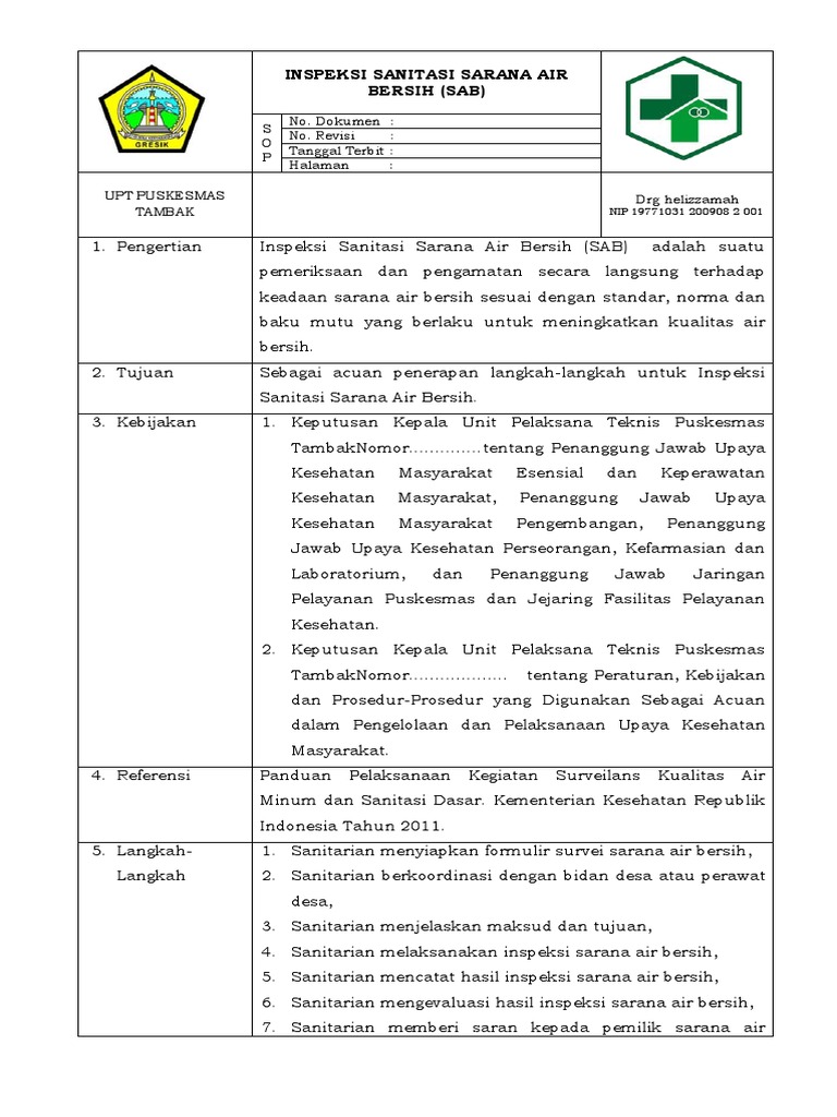 Sop Inspeksi Sanitasi Sarana Air Bersih (Sab) | PDF