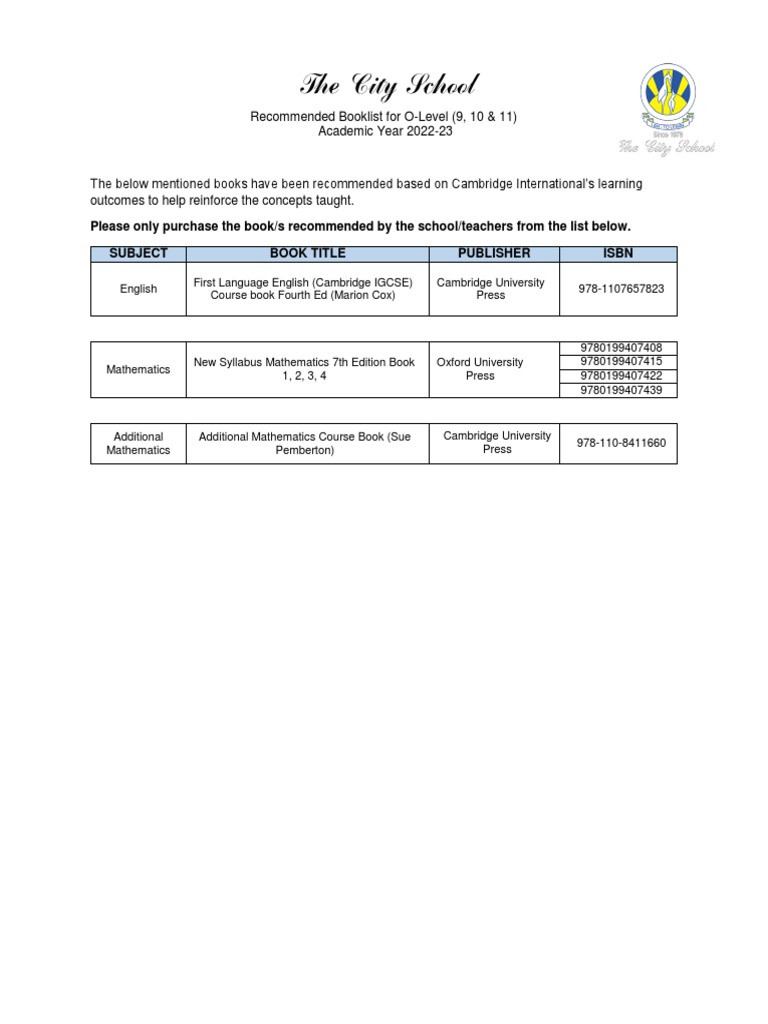 O Level Booklist 2022-23 | PDF | University Of Cambridge | Qualifications