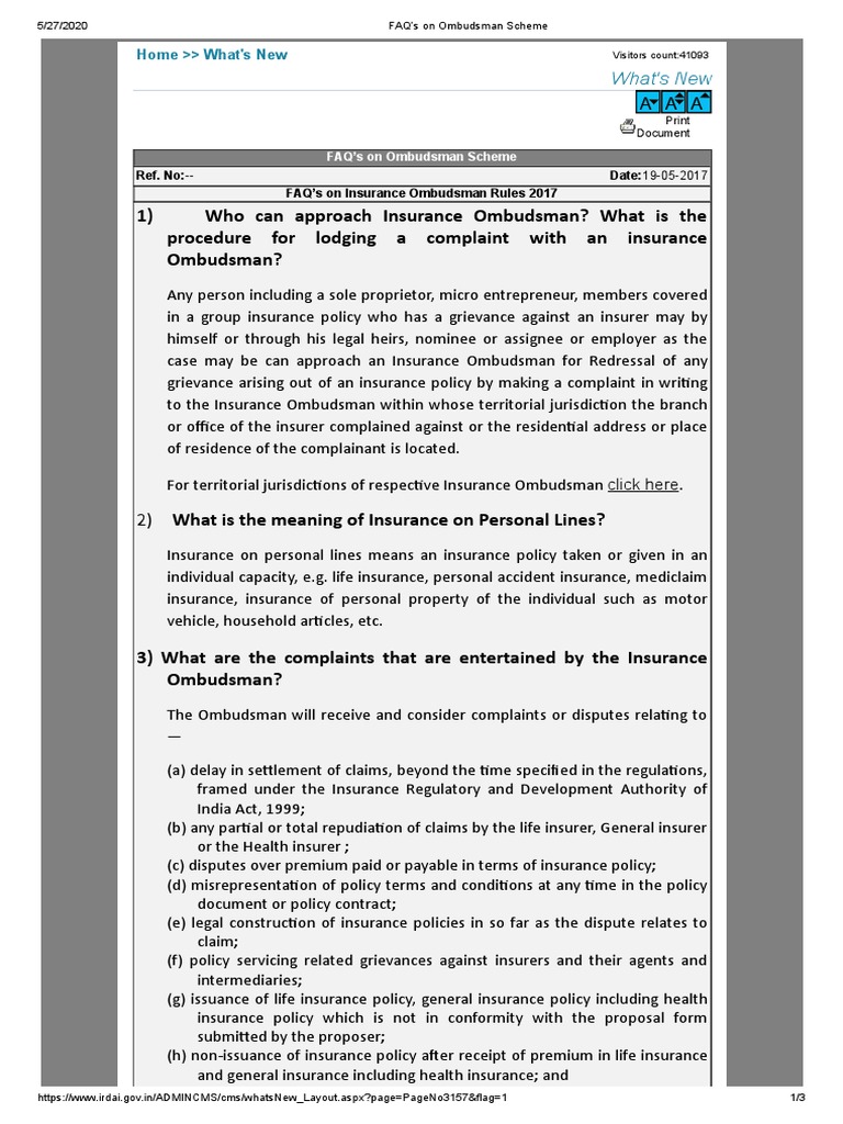 FAQ’s on Ombudsman Scheme | PDF | Insurance | Life Insurance