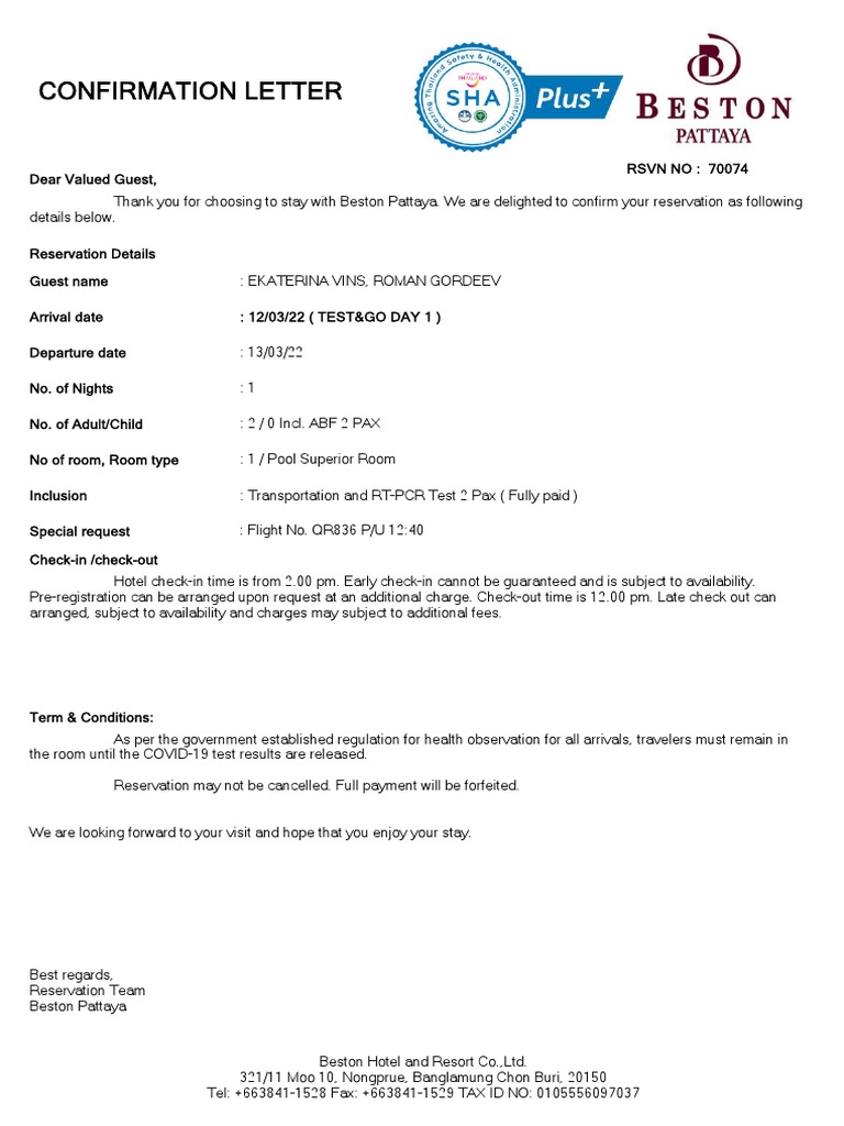 Hotel Confirmation Letter 70074 | PDF