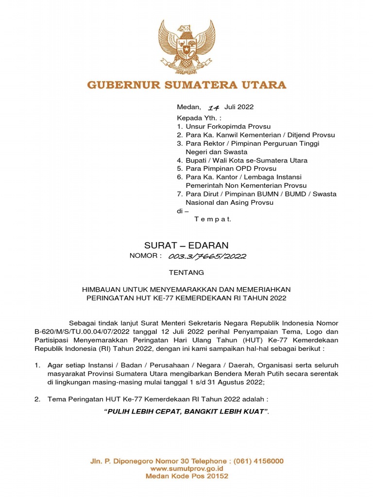 Surat Edaran Gubsu HUT RI 2022 | PDF | Perjalanan