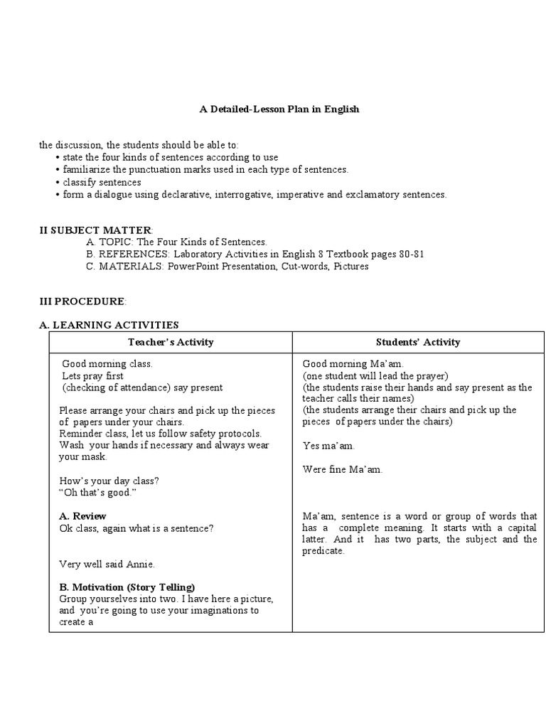 Lesson Plan: Four Kinds of Sentences | PDF | Sentence (Linguistics ...