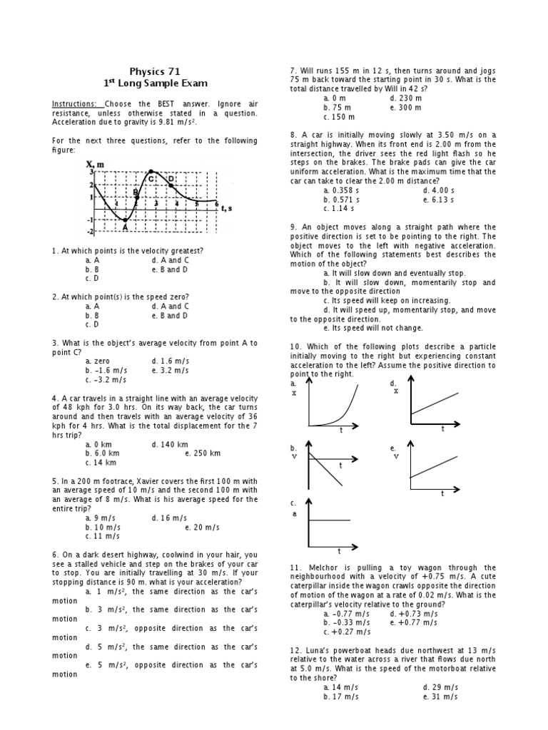 Physics 71 1 Long Sample Exam | PDF | Force | Acceleration