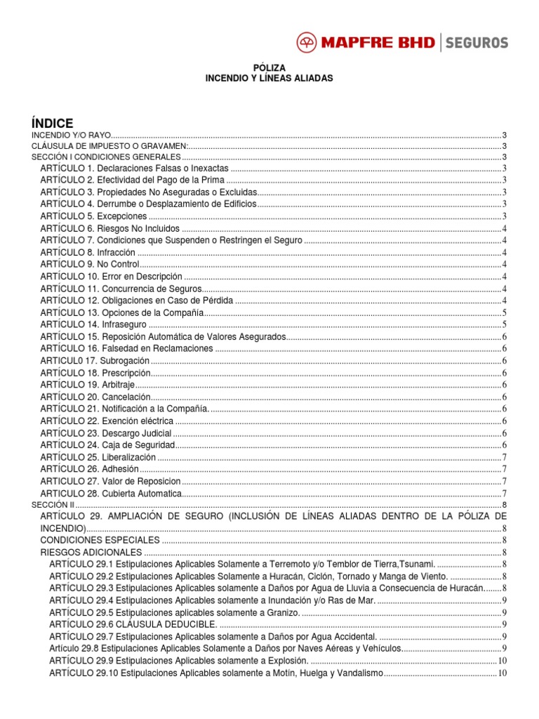 Póliza de Incendio y Lineas Aliadas | PDF | Póliza de seguros | Seguro