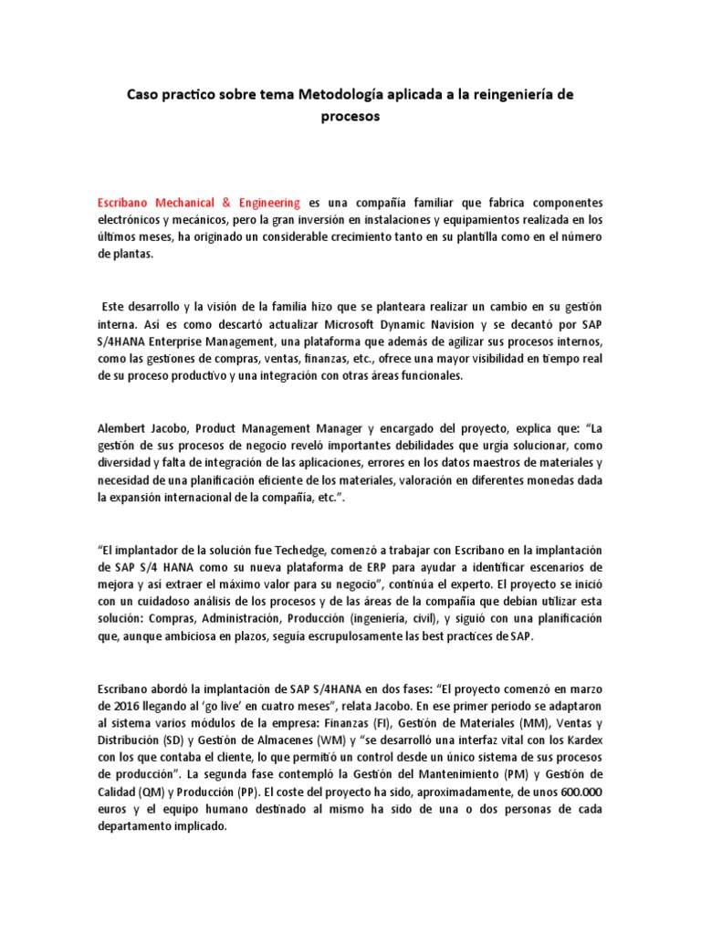 Caso Practico Sobre Tema Metodología Aplicada A La Reingeniería de Procesos | PDF ...
