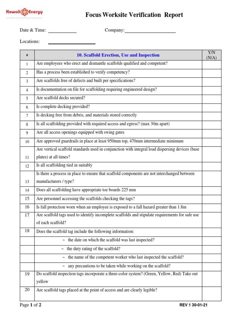 Scaffold Erection, Use and Inspection - Verification | PDF | Scaffolding