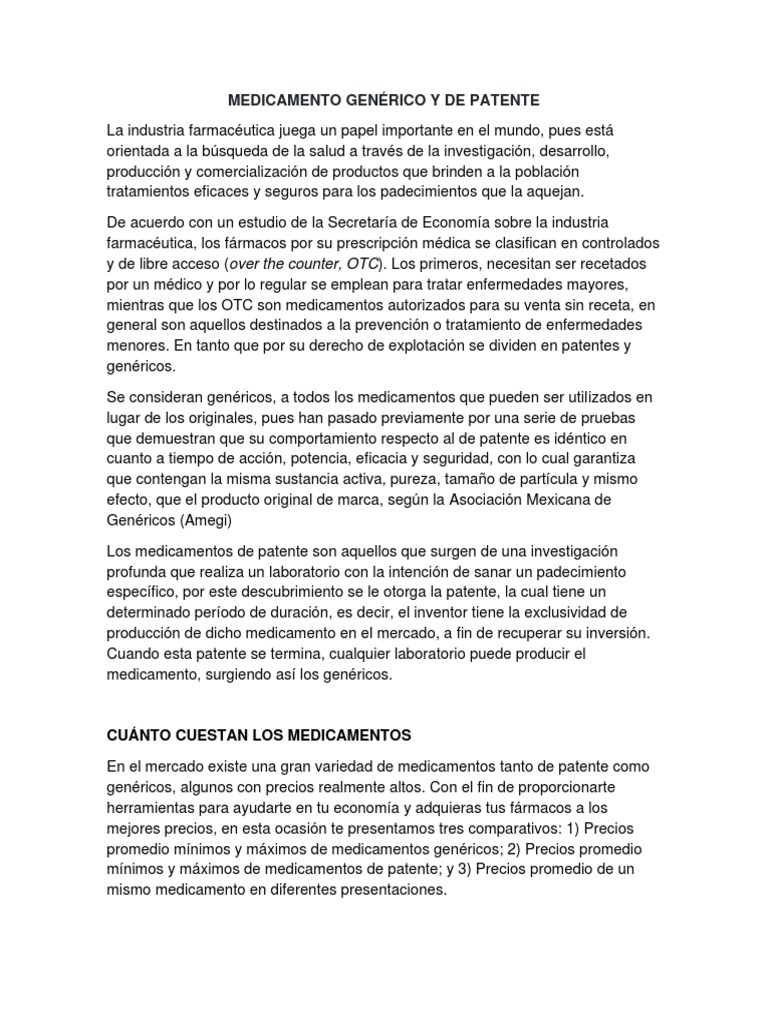 Medicamento Genérico y de Patente | PDF | Medicamentos con receta ...