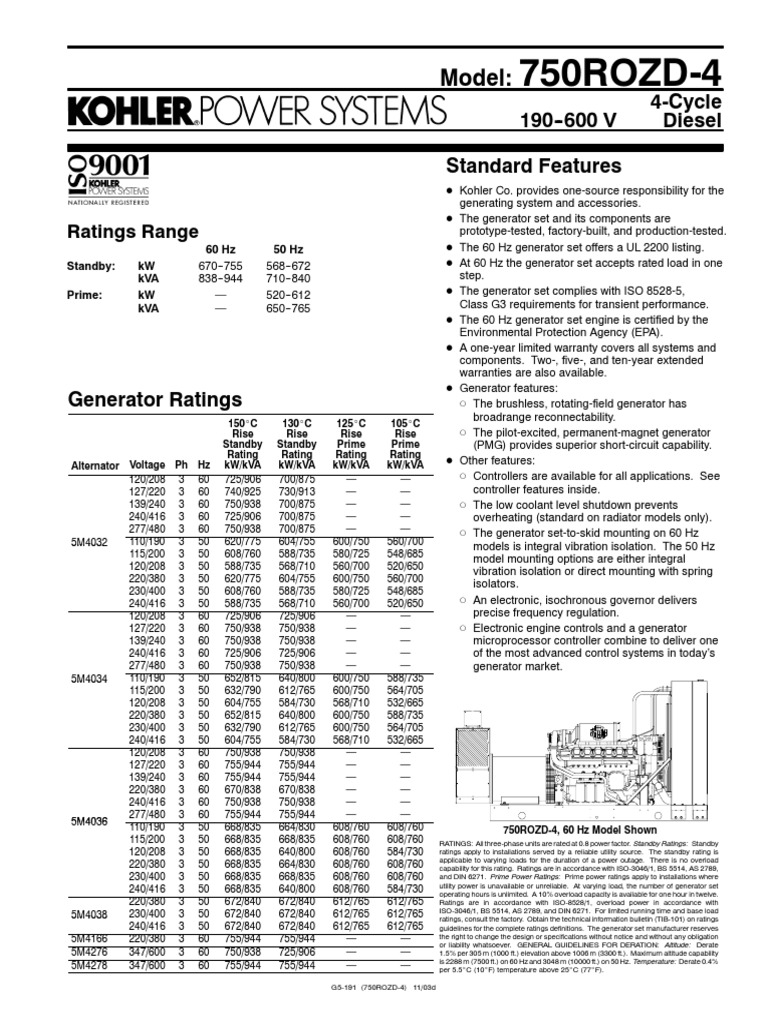 Kohler 750ROZD4 Spec Sheet | PDF | Engines | Diesel Engine