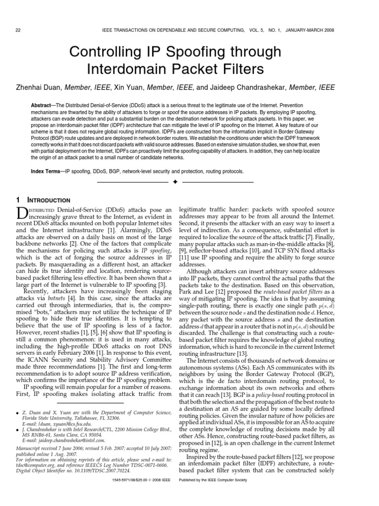 Controlling IP Spoofing Through Interdomain Packet Filters | PDF | Routing | Computer Network