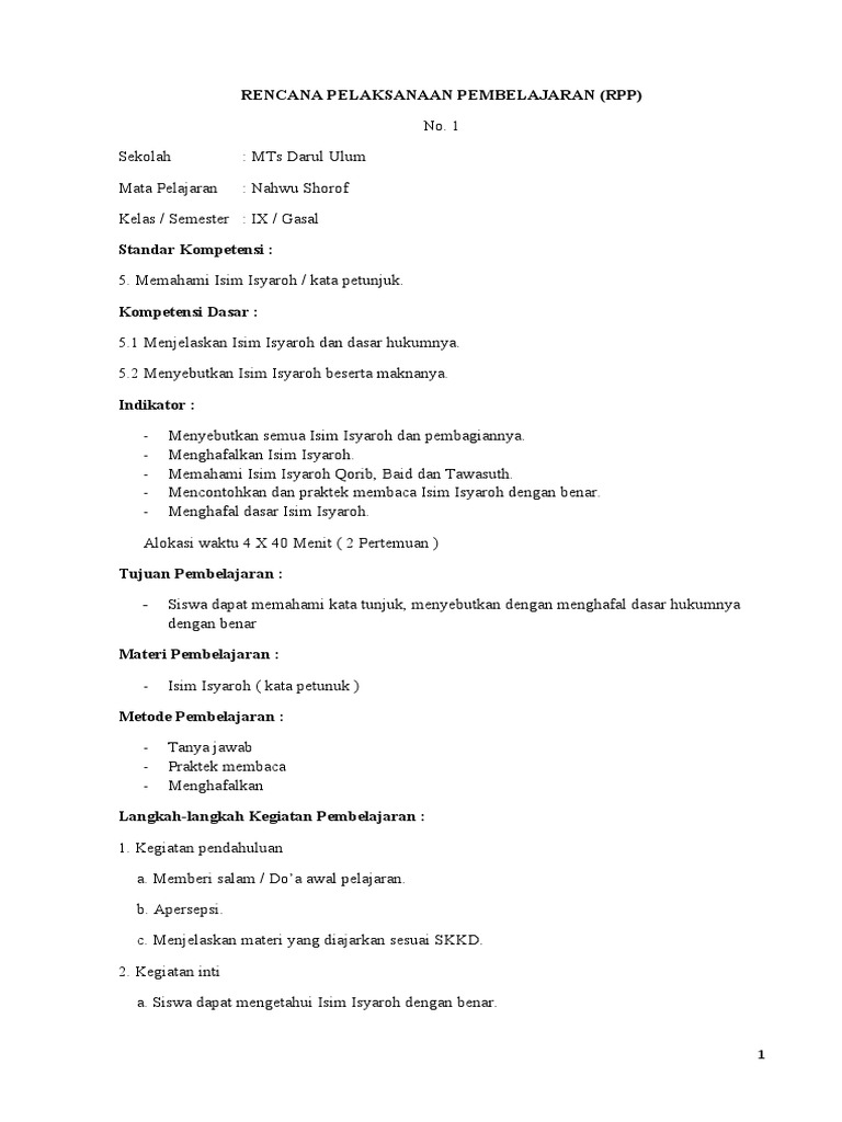 RPP Nahwu Shorof Kelas IX | PDF