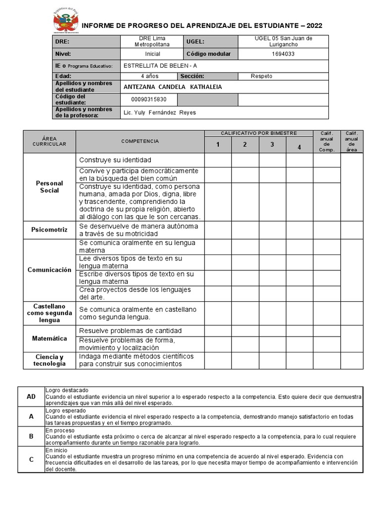 4 Años - Informe de Progreso | PDF | Segundo lenguaje | Maestros
