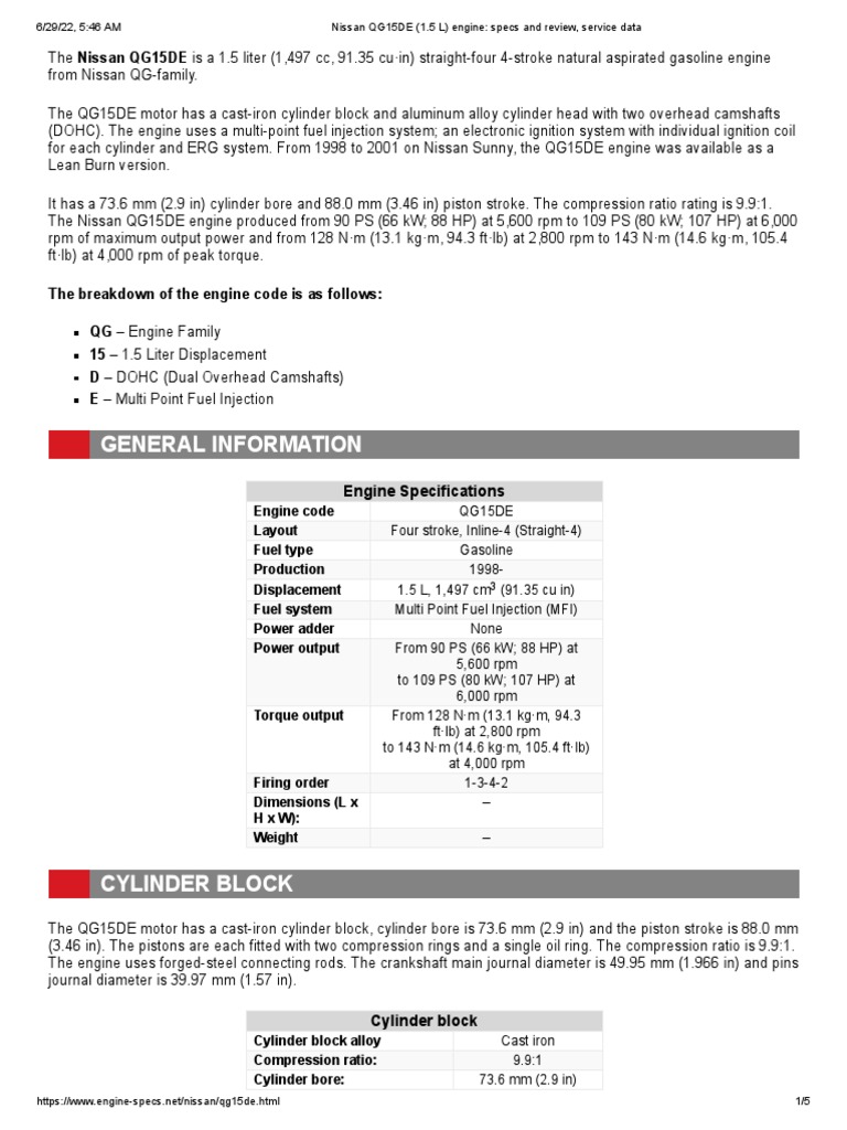 Nissan QG15DE Engine Specifications | PDF | Piston | Vehicle Parts