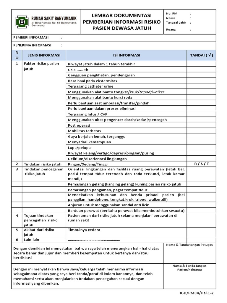 RM04 - Lembar Dokumentasi Pemberian Informasi Risiko Pasien Anak Jatuh ...