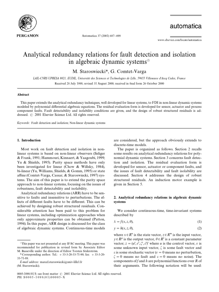 Analytical Redundancy Relations For Fault Detection And Isolation In Algebraic Dynamic Systems