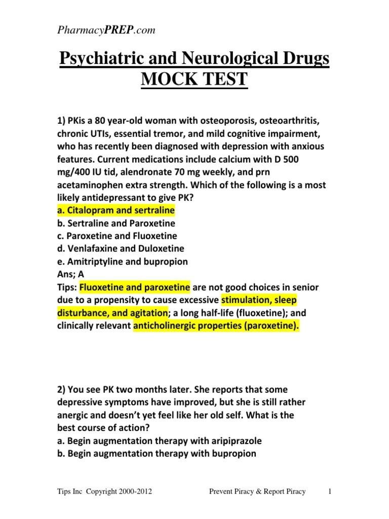 Psychiatric and Neurological Drugs Mock Test | PDF | Antipsychotic ...