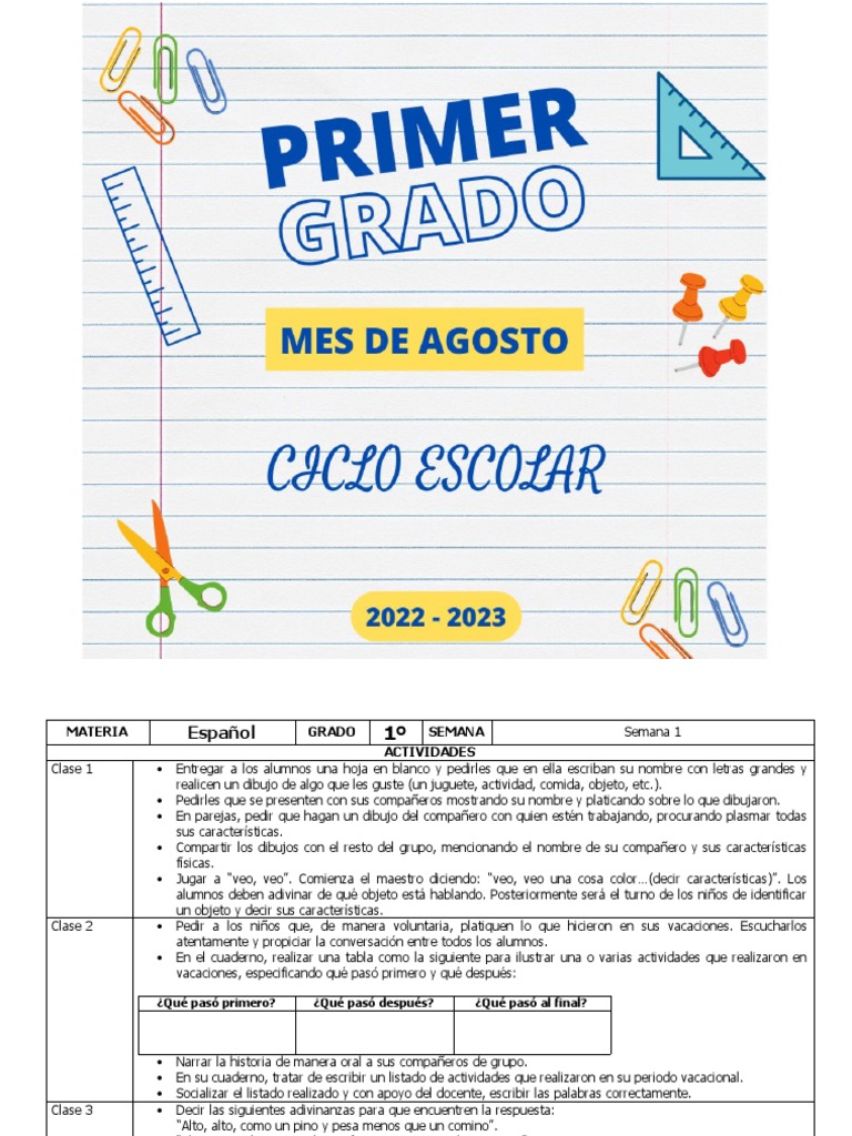 Planeacion Mes de Agosto Primer Grado 2022-2023 | PDF