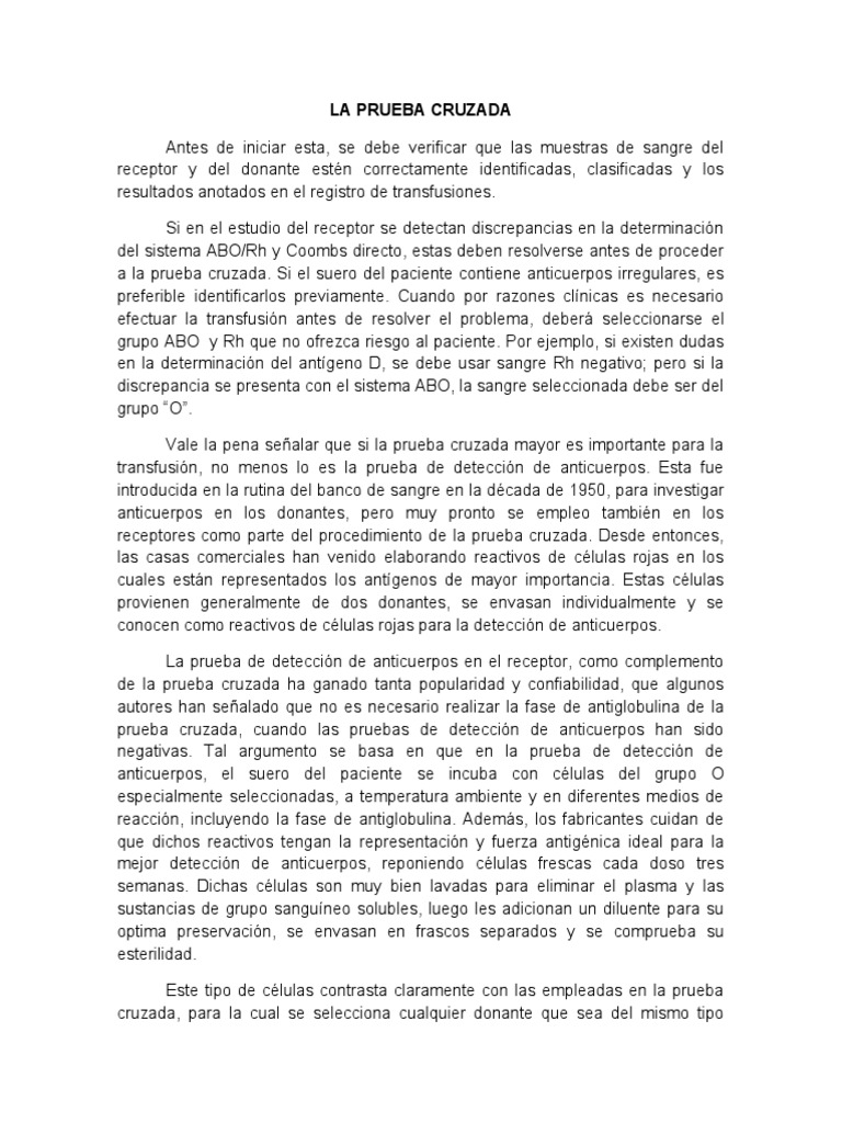 La Prueba Cruzada | PDF | Tipo de sangre | Transfusión de sangre