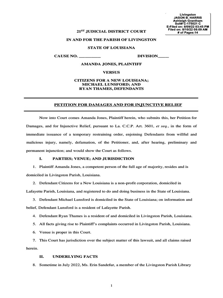 Amanda Jones Petition For Damages Injunctive Relief | PDF | Injunction ...