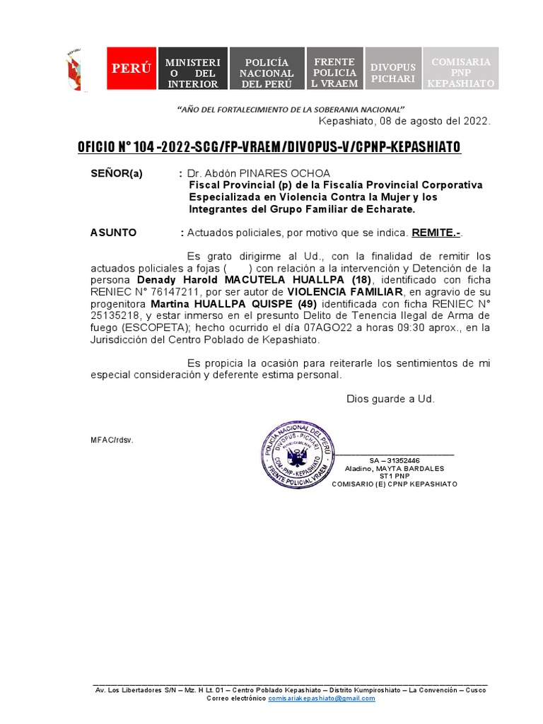 Oficio Remite Actuados | PDF | Crímenes | Crimen y violencia