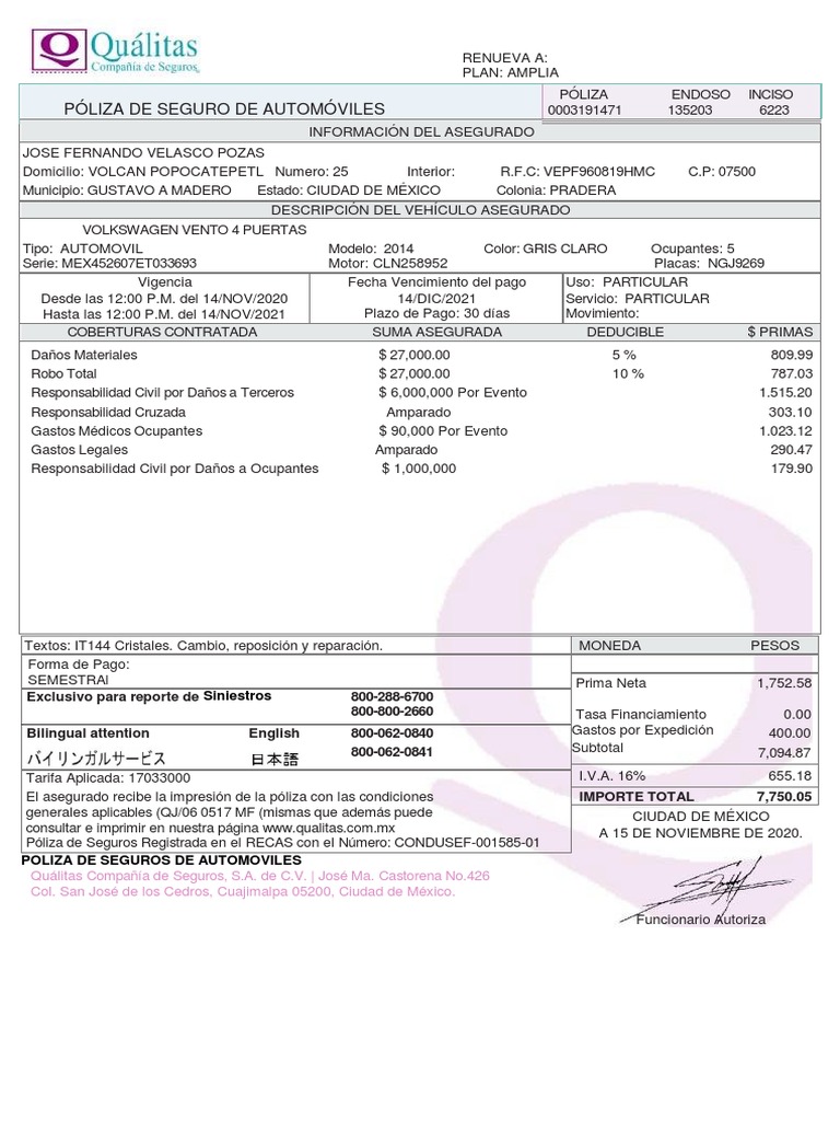 Poliza de Seguro Qualitas-1 | Descargar gratis PDF | Póliza de seguros