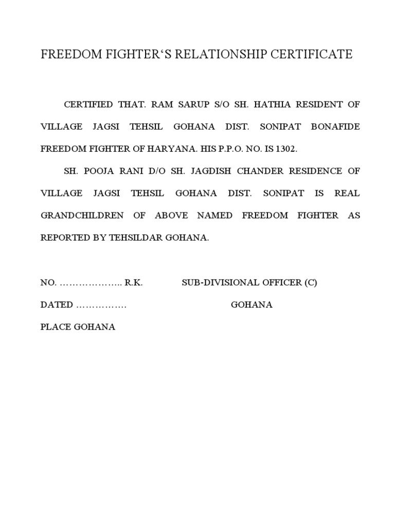 Freedom Fighter Relationship Certificate | PDF | Law