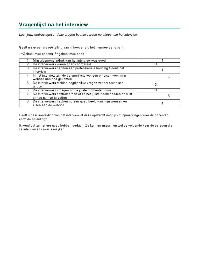 Vragenlijst Na Interview | PDF