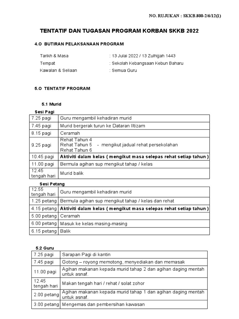 Tentatif Dan Tugasan Program Korban SKKB 2022 | PDF