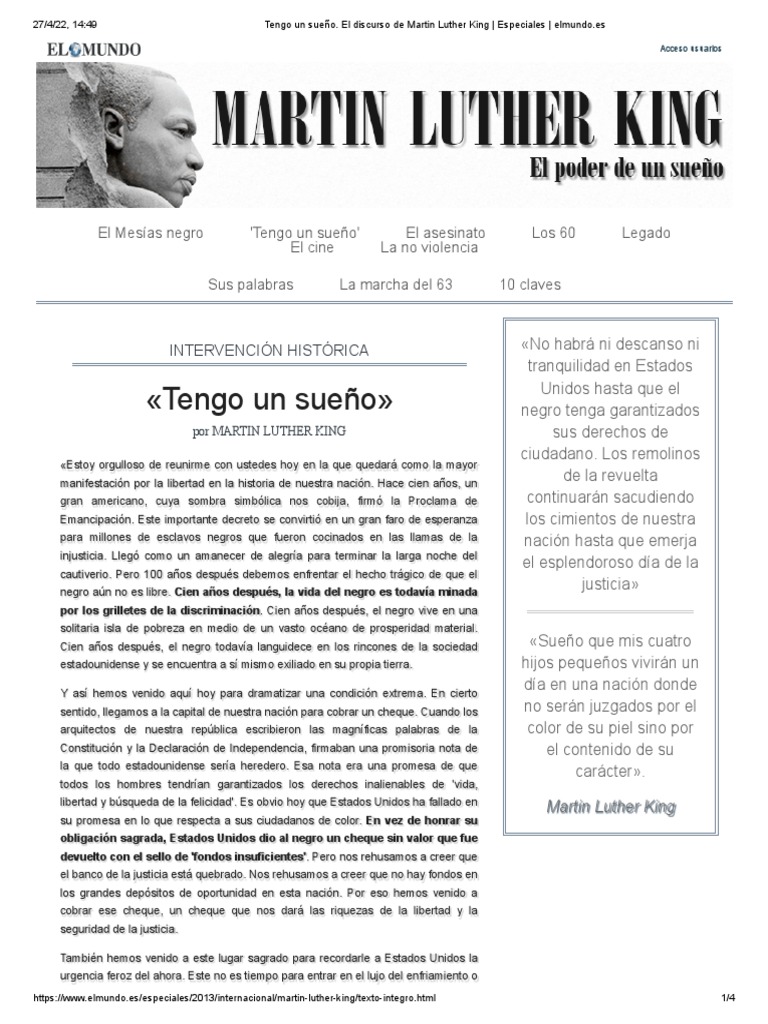 Tengo Un Sueño. El Discurso de Martin Luther King | PDF | Martin Luther ...