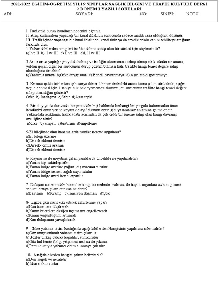 2021-2022 9. S N F Sa L K Bilgisi Ve Trafik G Venli I 2. D Nem 1. Yaz L Sorular | PDF