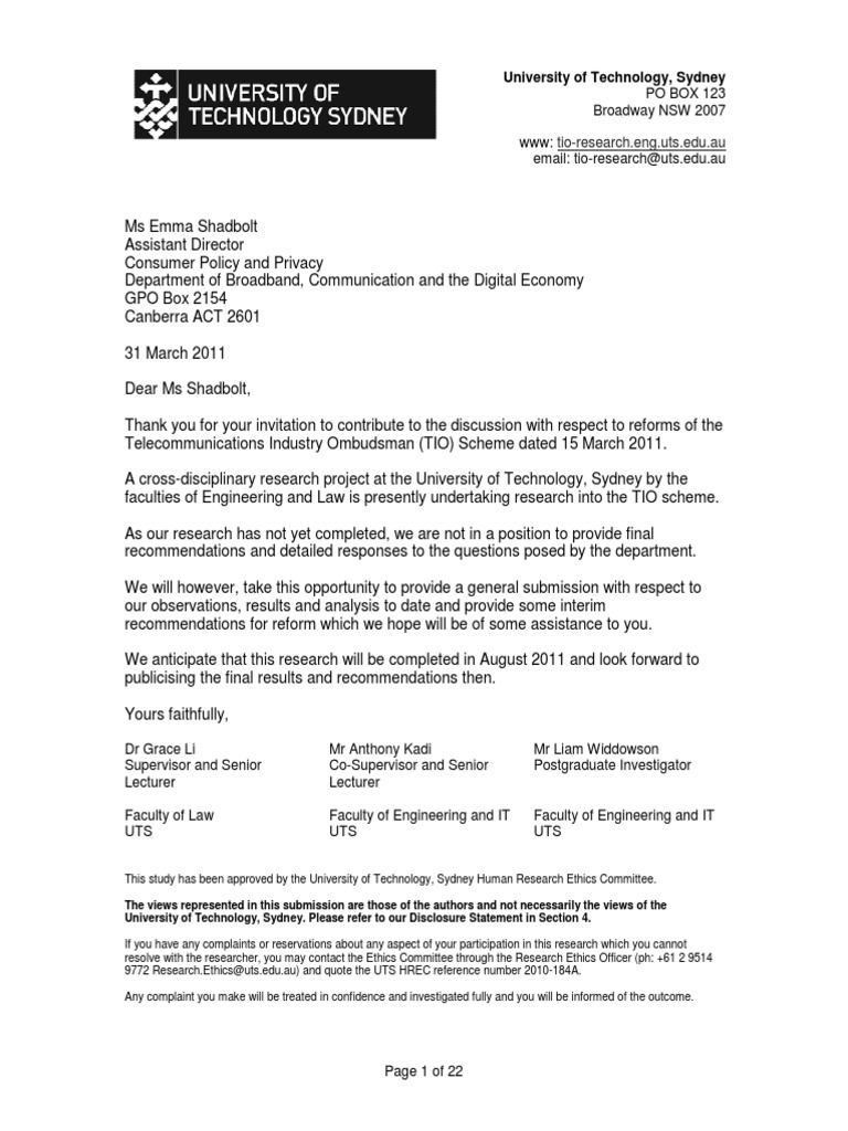 Report Into The Telecommunications Industry Ombudsman (TIO) Scheme ...