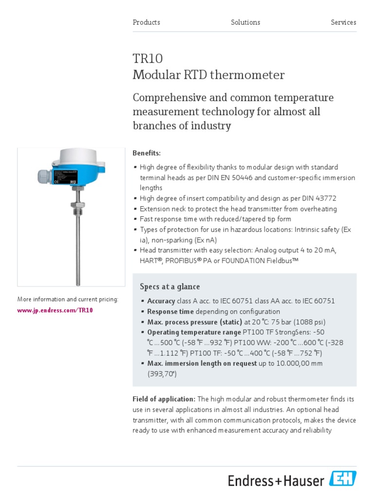 Endress-Hauser RTD Thermometer TR10 En | PDF | Pipe (Fluid Conveyance ...