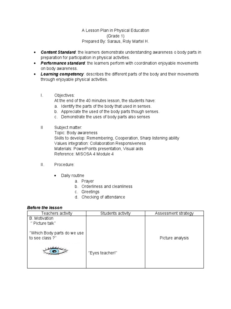 Grade 1 PE Lesson: Body Awareness | PDF | Senses | Lesson Plan