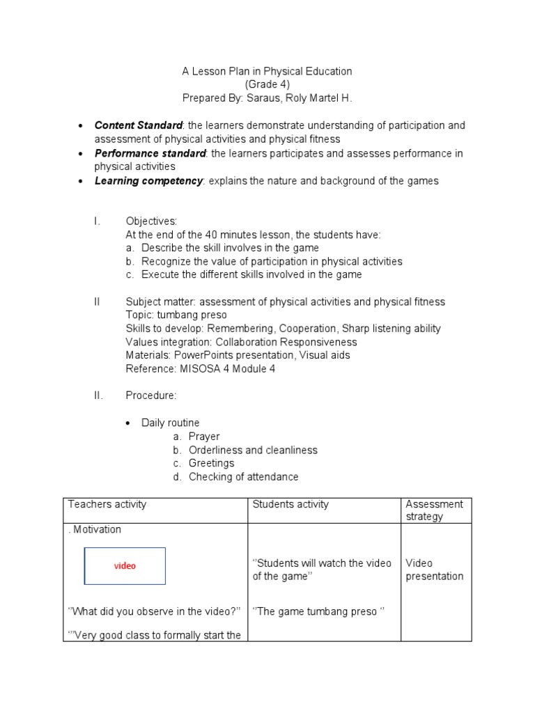 A Lesson Plan in Grade 4 Physical Educatio1 | PDF | Lesson Plan | Learning