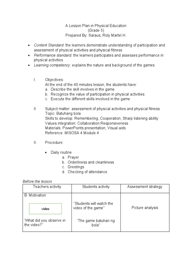 A Lesson Plan in grade 5 Physical Education | PDF | Lesson Plan | Learning