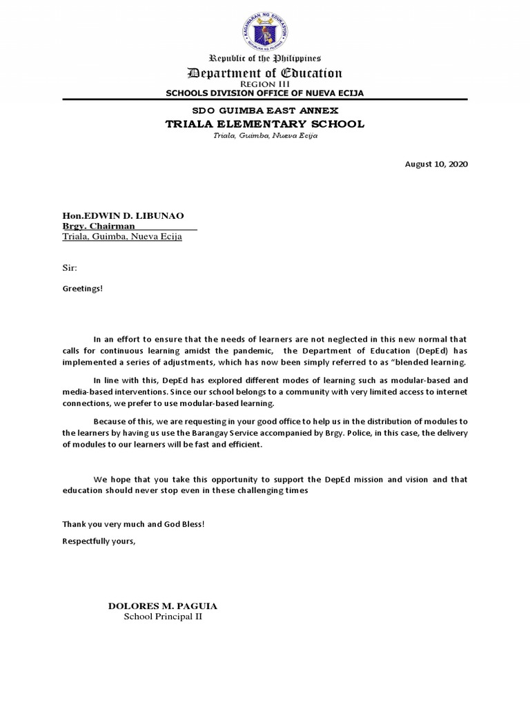 Letter Request To Barangay Chairman | PDF