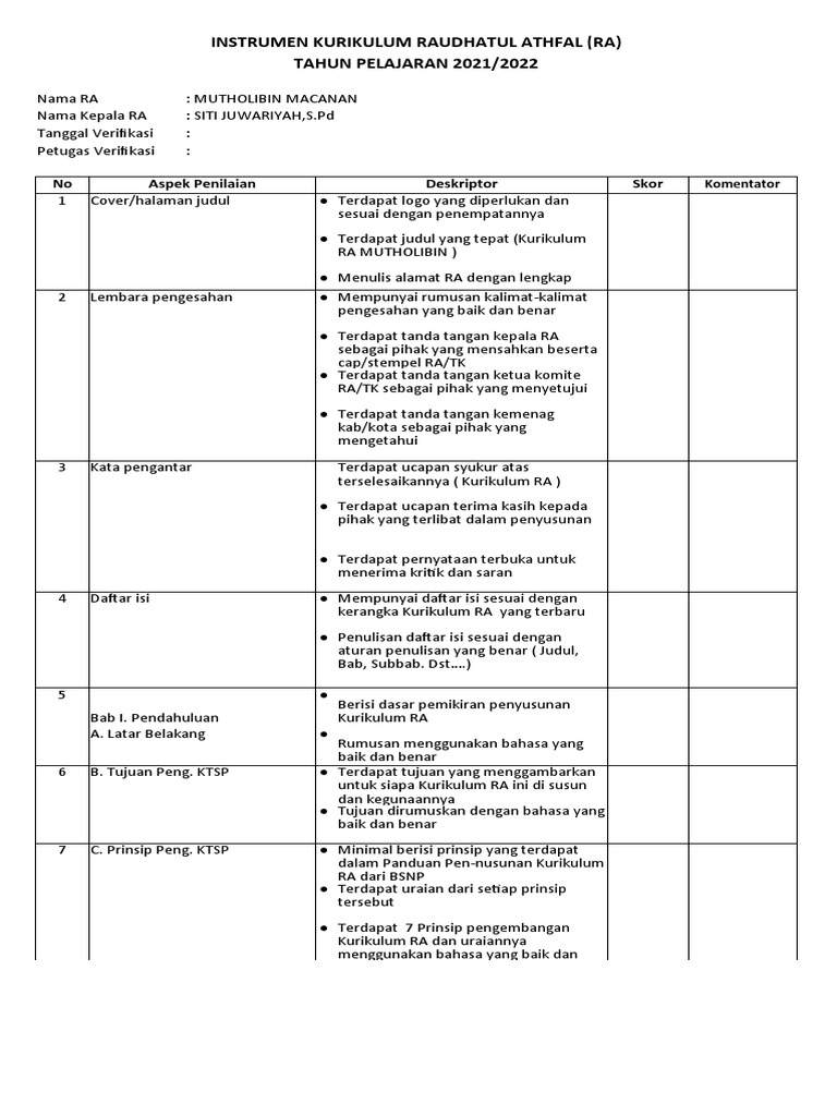 Instrumen Kurikulum Ra | PDF
